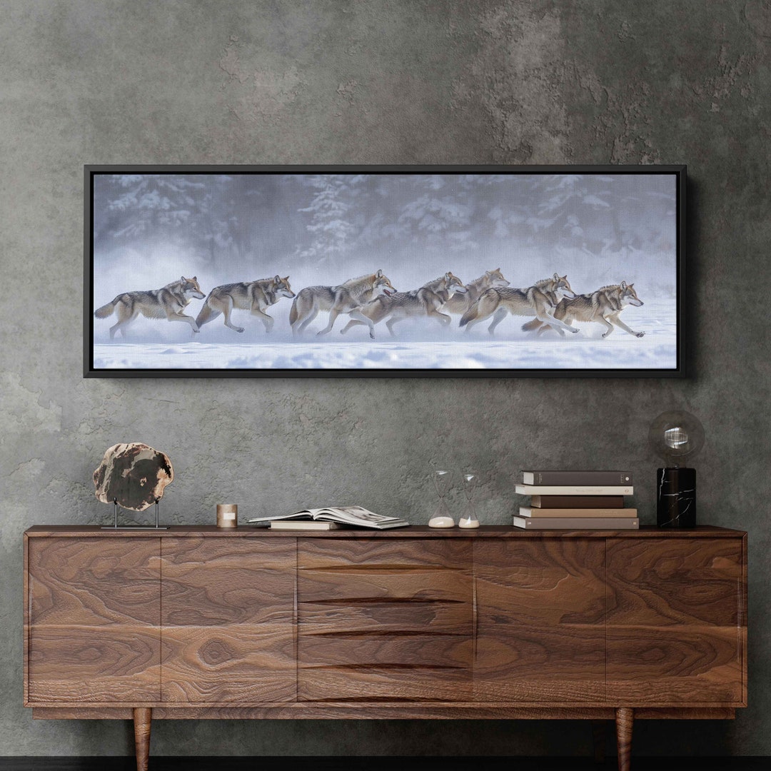 Pack of Wolves Running Through Snowy Tundra Landscape Wall Art Canvas ...