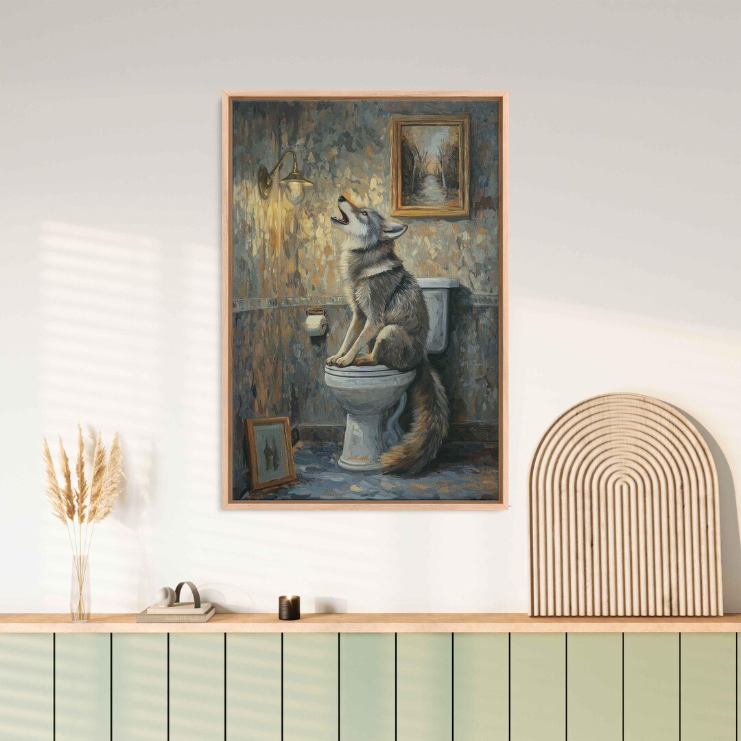 Whimsical Wolf Howling, Wall Art Canvas Print, Vintage Bathroom, Quirky ...