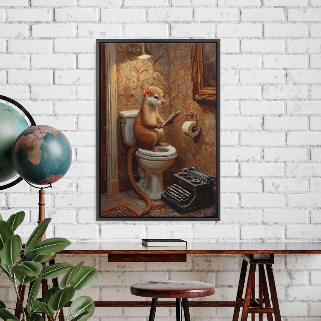 Whimsical Weasel Writing on Toilet, Wall Art Canvas Print, Retro Bathroom Decor, Cozy Vintage ...