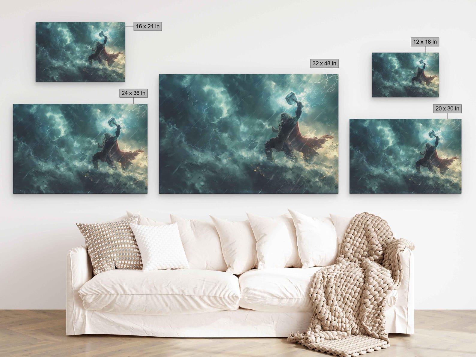 Thor Holding Mjolnir Standing in Stormy Sky Wall Art Canvas Print ...