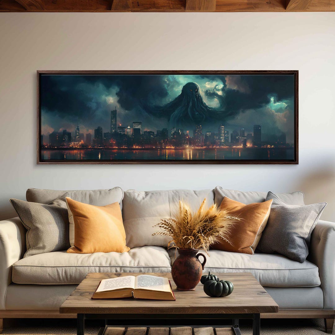 Cthulhu Towering Over City Skyline, Wall Art Canvas Print, Dark Clouds ...