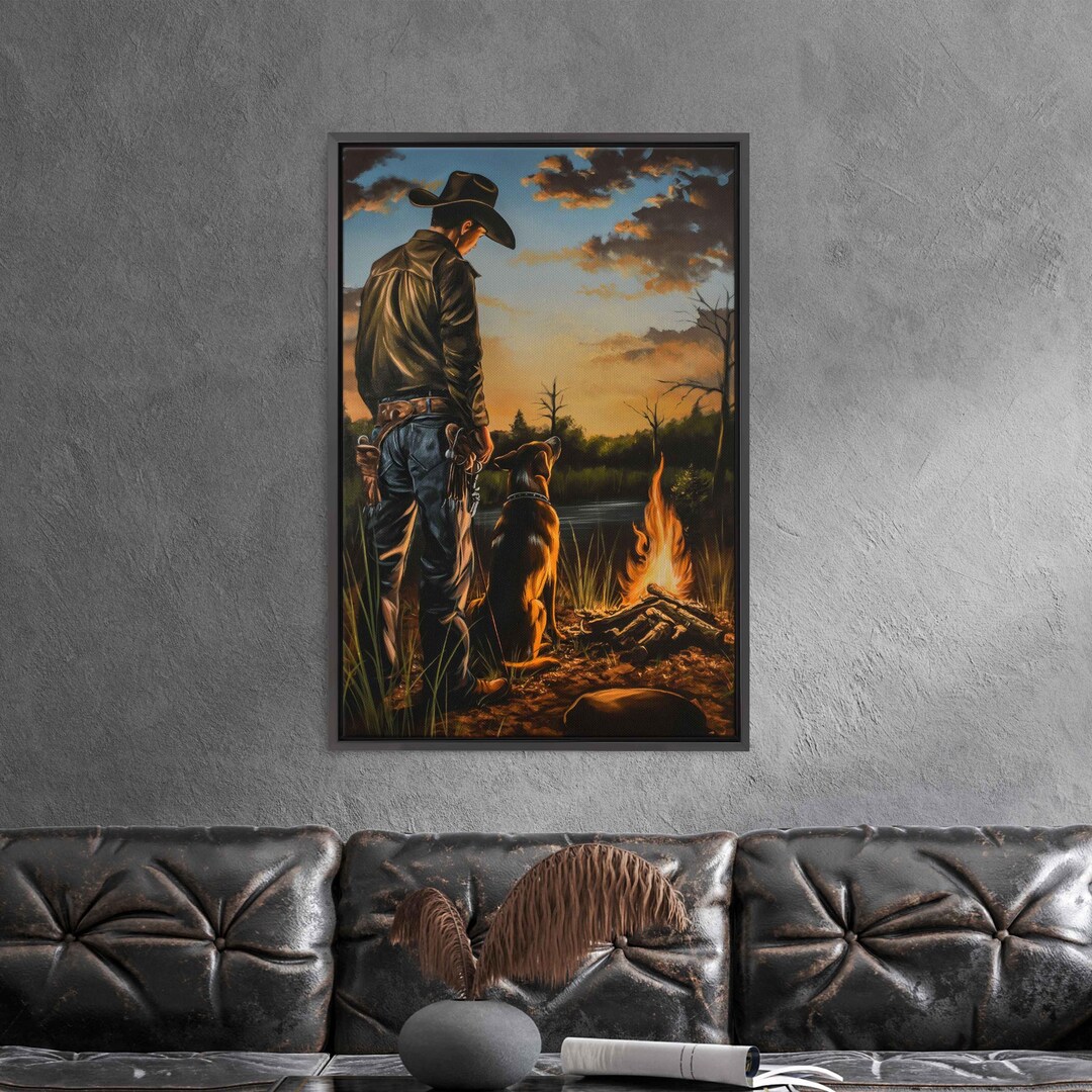 Vintage Cowboy by Fire With Dog at Sunset Acrylic Wall Art Canvas Print ...