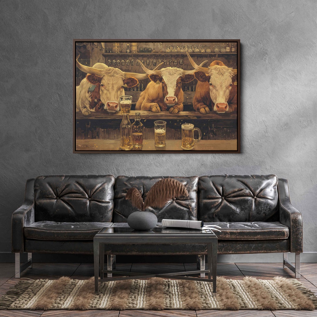 Longhorn Cows Sitting at Bar Wall Art Canvas Print, Drunk Cows, Bar ...