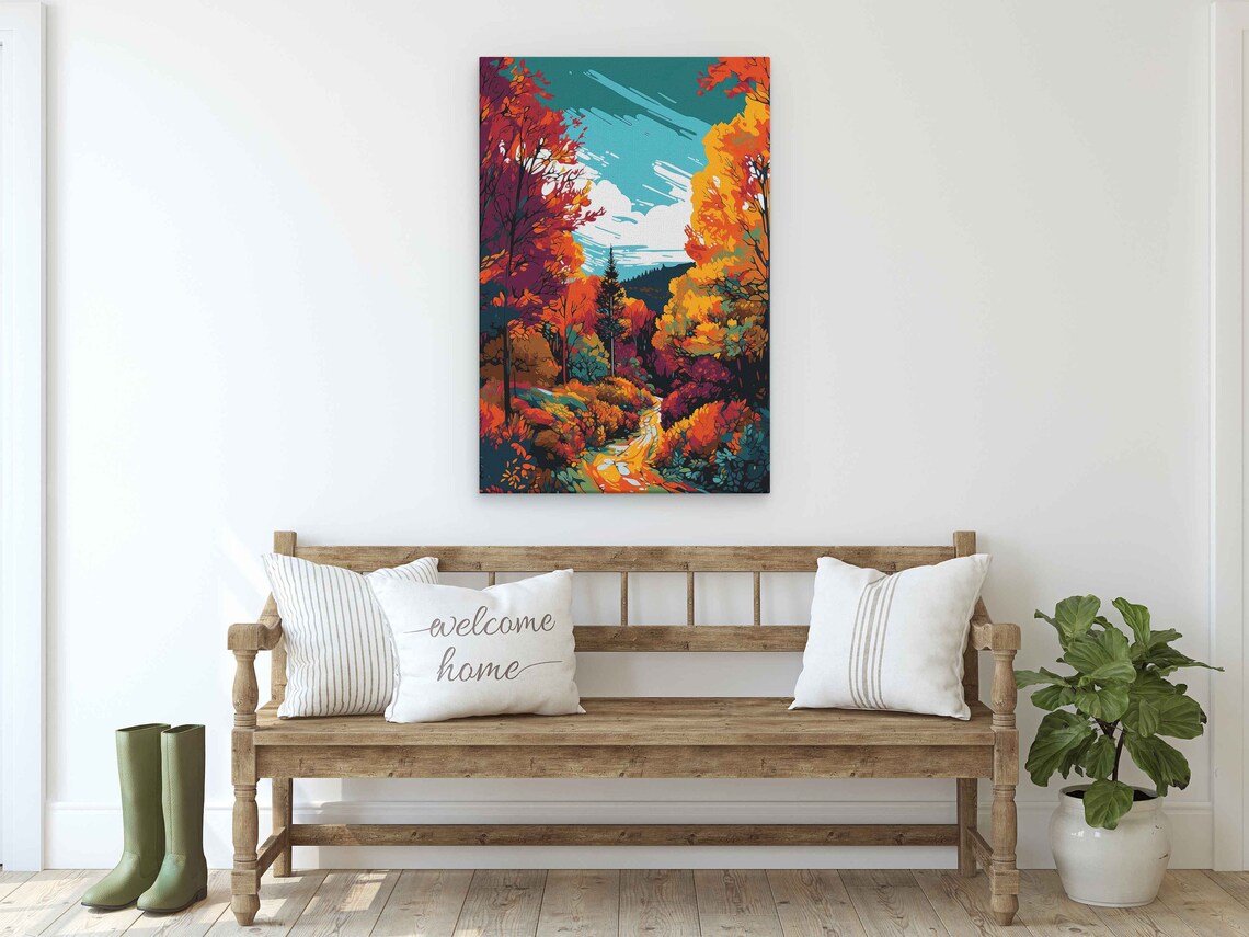 Vibrant Autumn Pop Art Landscape, Digital Illustration on Canvas, Fall ...