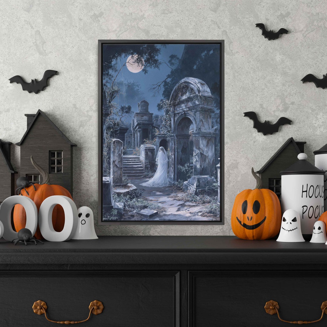 Ghostly Bride Walking Through Overgrown Moonlit Cemetary Wall Art ...