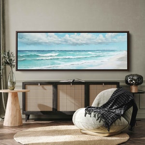 Calm Ocean Waves on Sandy Beach, Cloudy Skies, Panoramic Painting ...