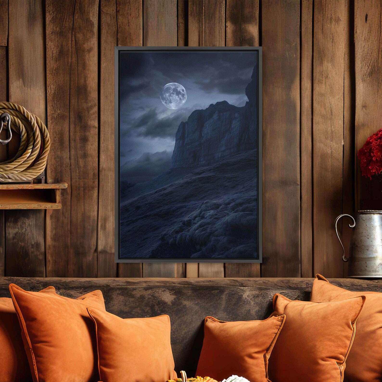 Full Moon Rises in the Dark Night Sky With Moonlit Cliff Wall Art ...