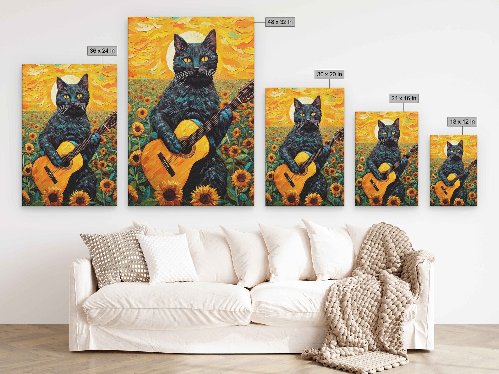 Cat Playing Classical Guitar Painting, Van Gogh Inspired, Framed Canvas ...