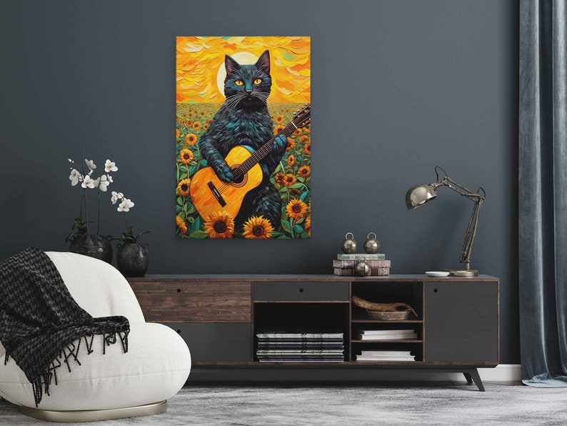 Cat Playing Classical Guitar Painting, Van Gogh Inspired, Framed Canvas ...
