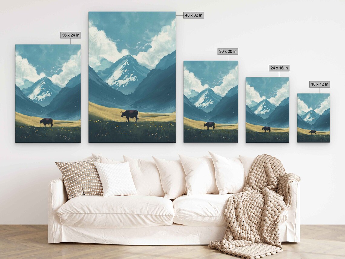 Lone Steer in Grassy Valley Amidst A Snowy Mountain Range Wall Art ...