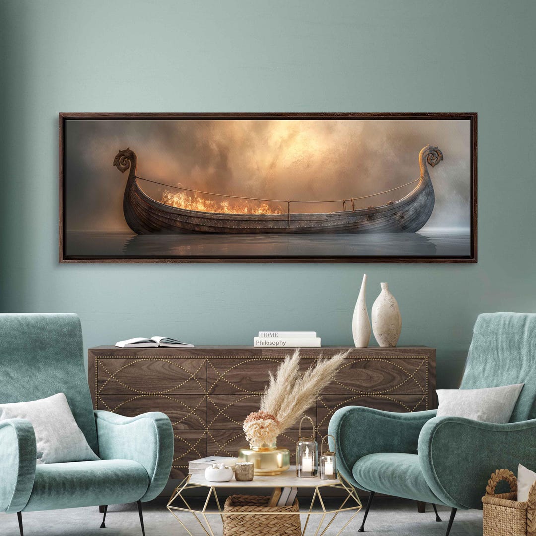Viking Longship Set on Fire Floating in Sea Wall Art Canvas Print ...