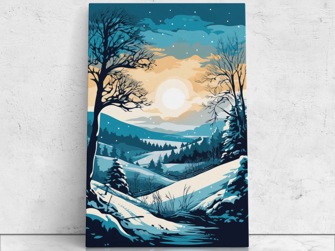 Pop Art Winter Sunrise Landscape Illustration on Canvas, Framed Canvas ...