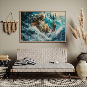 Poseidon Holding Trident Standing in Crashing Oceans Waves Wall Art ...