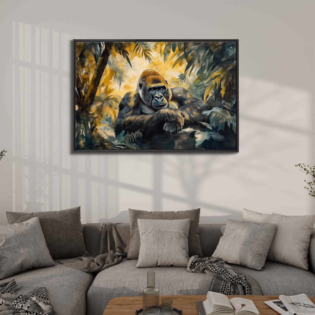 Majestic Silverback Gorilla, Wall Art Canvas Print, Lush Rainforest, Watercolor Style, Vibrant ...