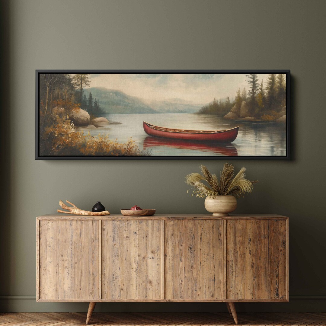 Lone Wooden Red Canoe Floating in Lake Oil Wall Art Canvas Print, Tree ...