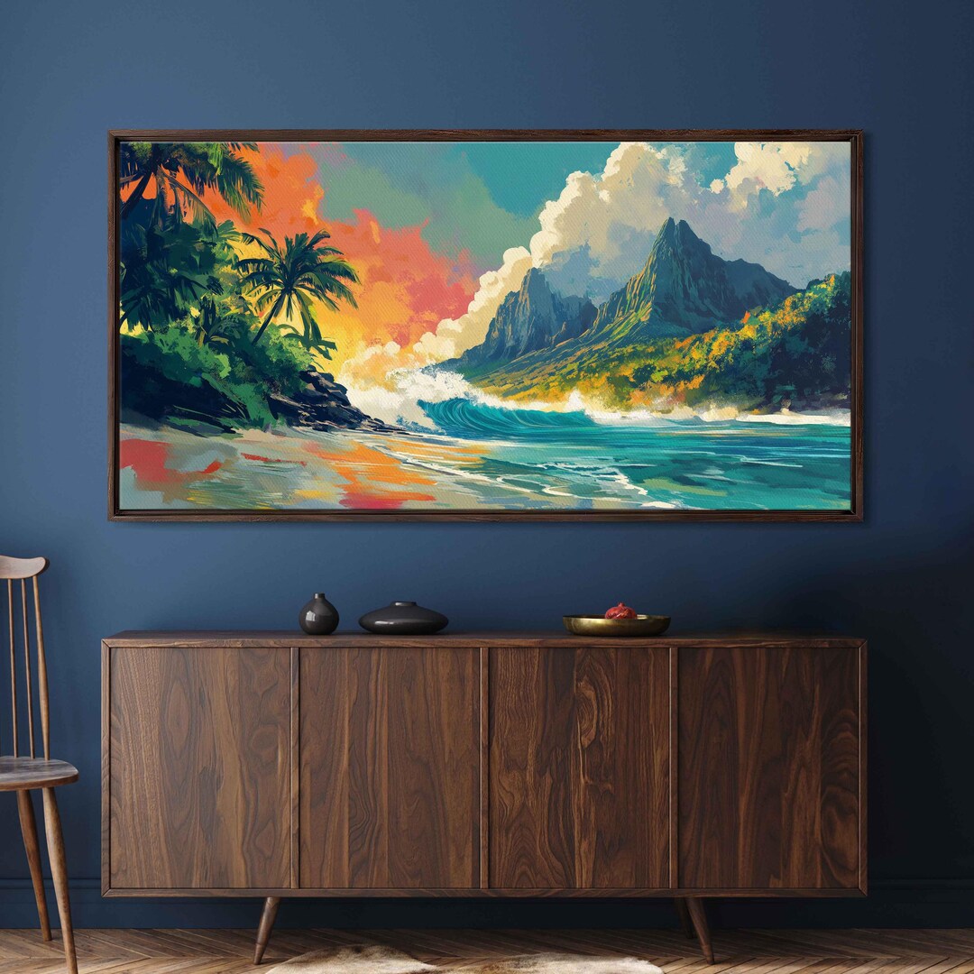 Tropical Surf Scene With Sandy White Beach Wall Art Canvas Print, Gift ...