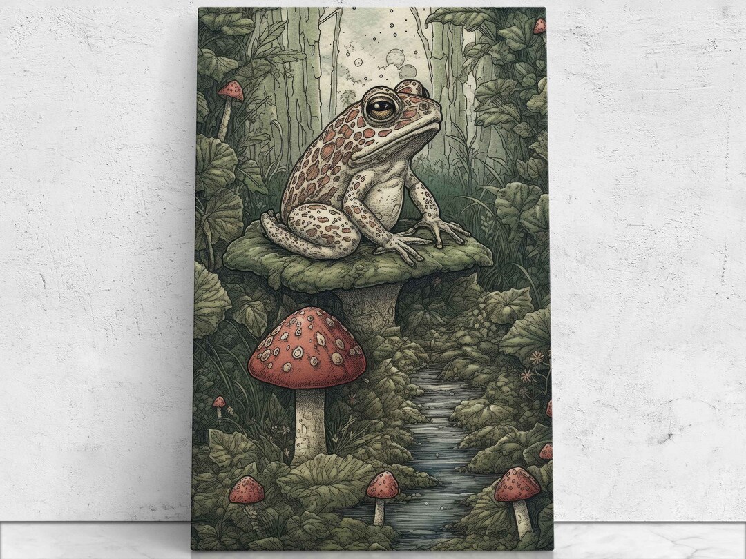 Illustration of A Frog Sitting on A Mushroom, Magical Mushroom Forest ...