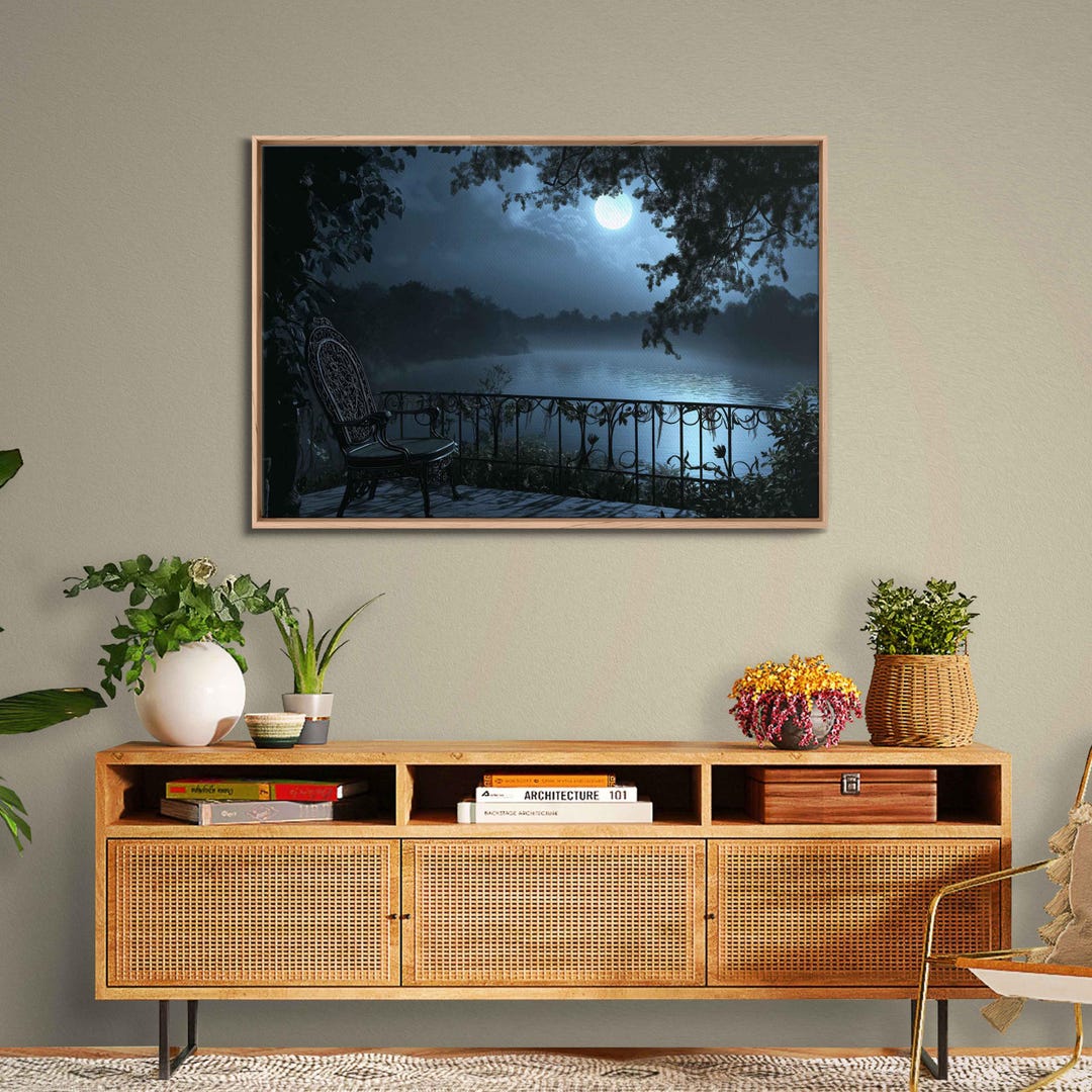 Tranquil Lake Night Scene, Wall Art Canvas Print, Moonlit Terrace, Film ...