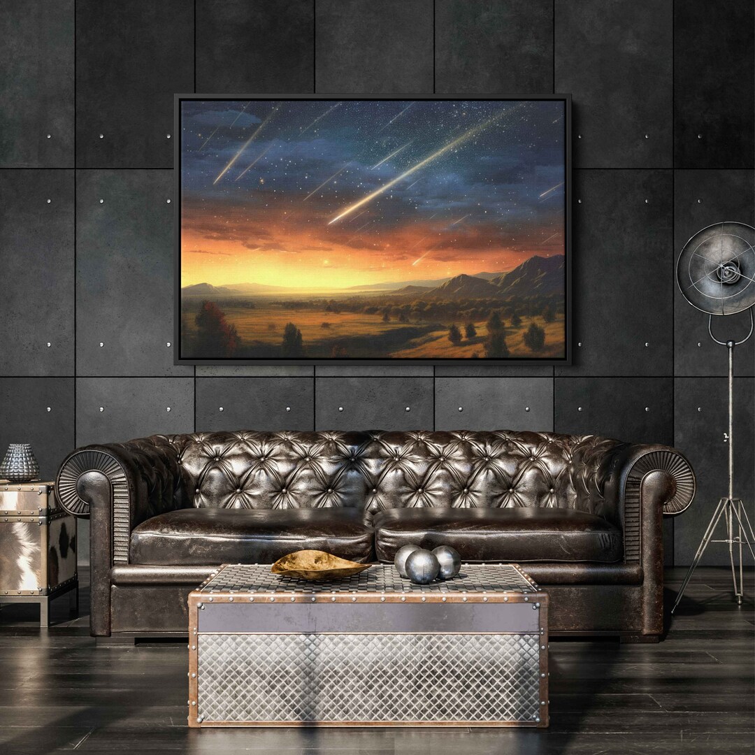 Meteor Shower Over Mountain Range Wall Art Canvas Print, Glowing Sunset ...