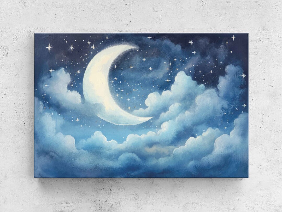 Painting of Bright Moon in Beautiful Calm Night Sky, Bright Blue ...