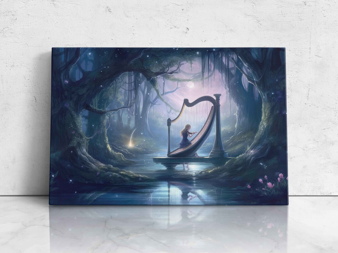 Fairy Playing A Harp in Enchanted Forest, Framed Canvas Print, Fantasy ...