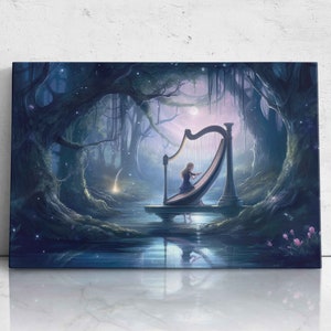 Fairy Playing A Harp in Enchanted Forest, Framed Canvas Print, Fantasy ...