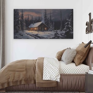 Snowy Log Cabin Landscape Painting, Framed Canvas Print, Ready to Hang ...