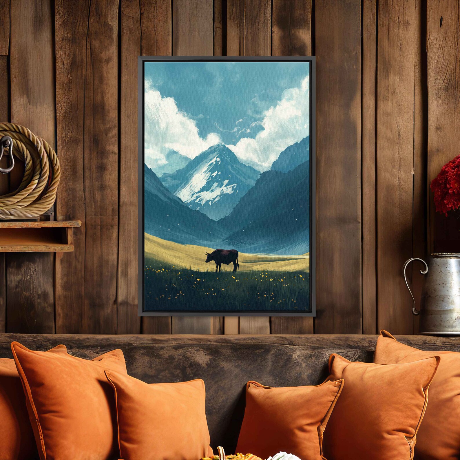 Lone Steer in Grassy Valley Amidst A Snowy Mountain Range Wall Art ...