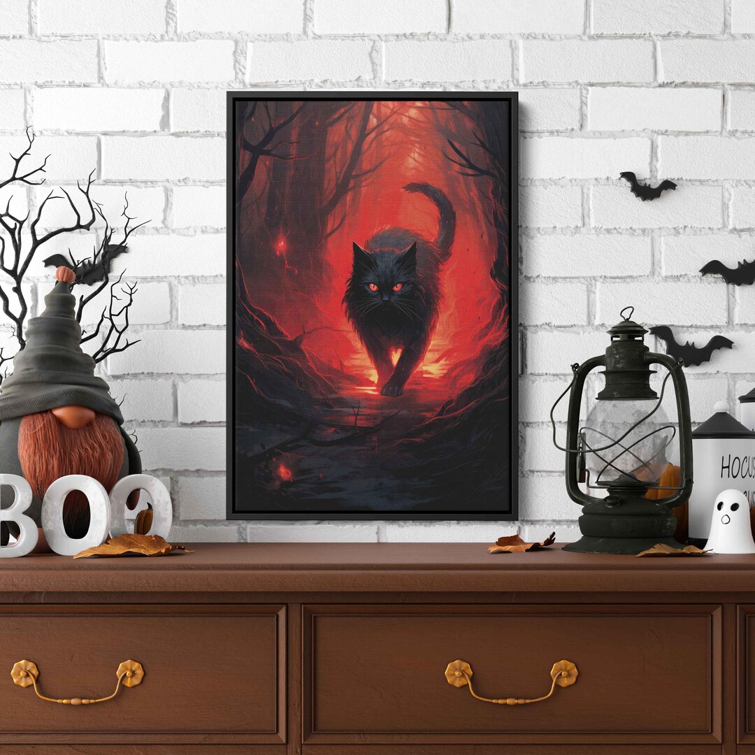Spooky Halloween Cat Wall Art, Red Blood Moon Forest, Framed Canvas ...
