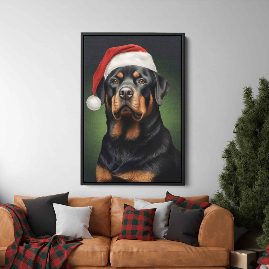 Painting of A Rottweiler Wearing A Santa Hat, Canvas Wall Art Print ...