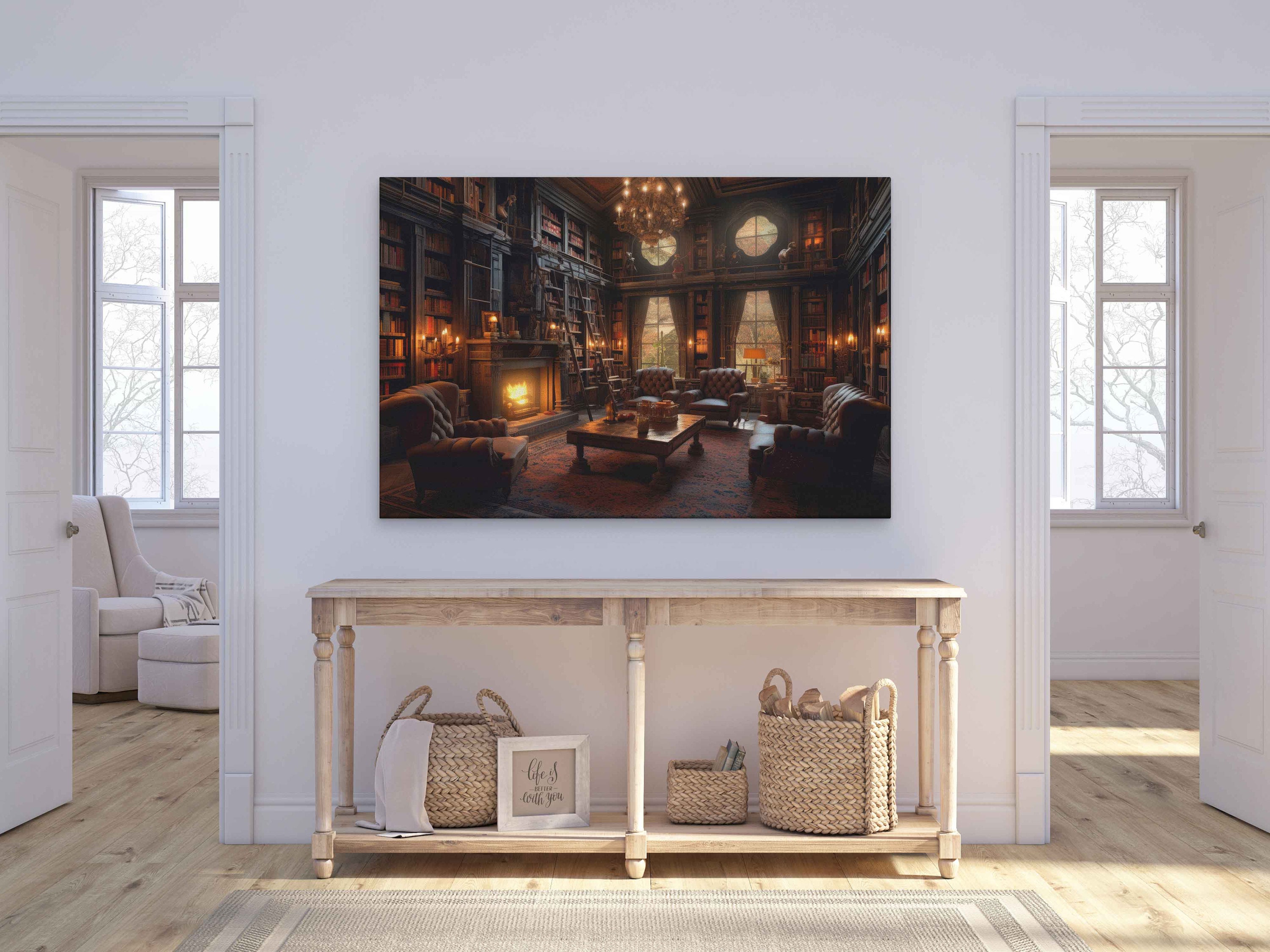 Cozy Library With A Fireplace, Framed Canvas Print, Ready to Hang, Book ...