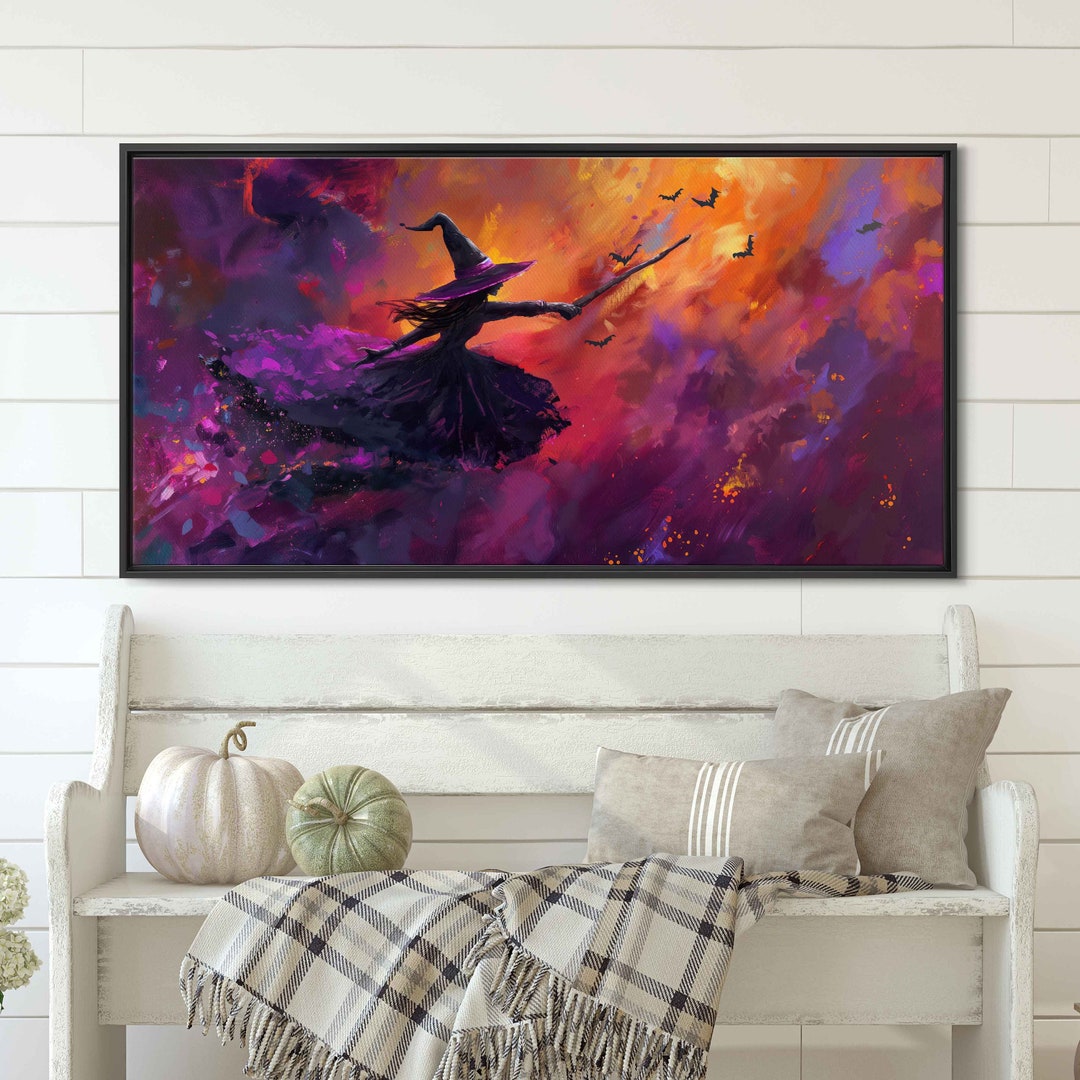 Witch Flying on Her Broomstick Chasing Bats Through Vibrant Night Sky ...