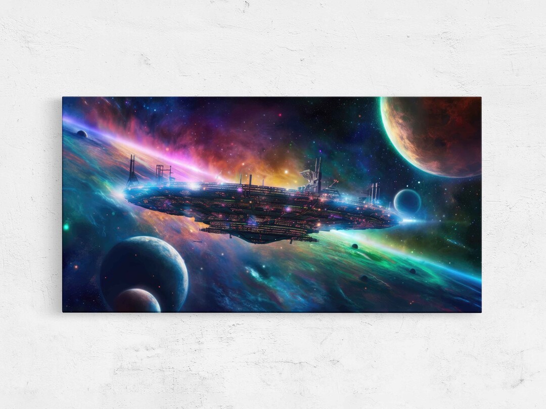 Alien Ufo Spaceship Wall Art, Neon Colors, Framed Canvas Print, Ready ...