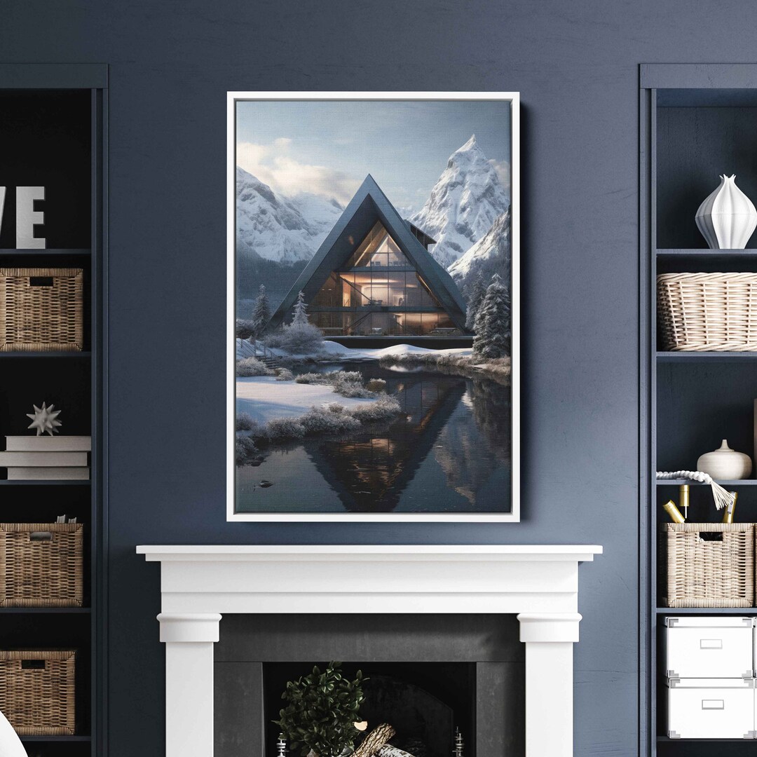 Snowy Modern Cabin Wall Art Canvas Print, Winter Mountain Range ...
