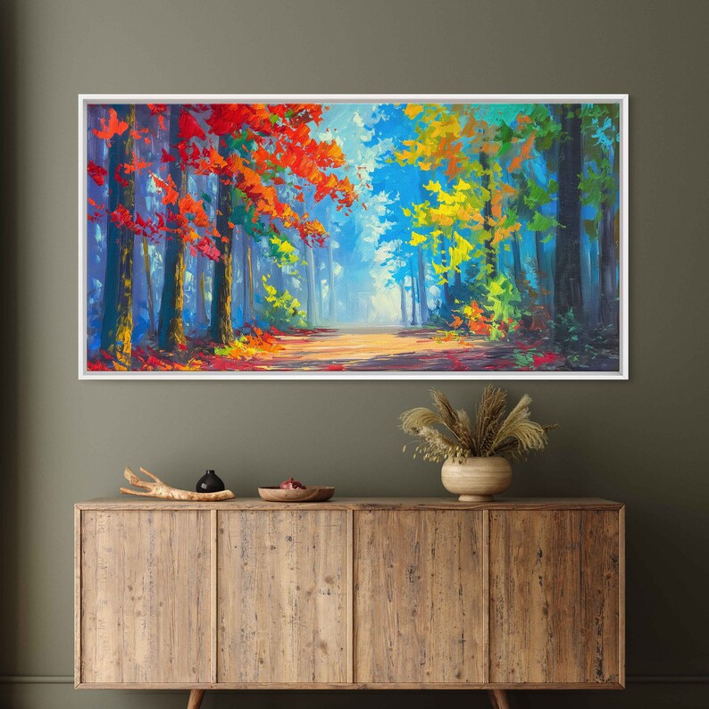Autumn Forest Landscape With Blue Sky Bright Colors Oil Painting Wall ...