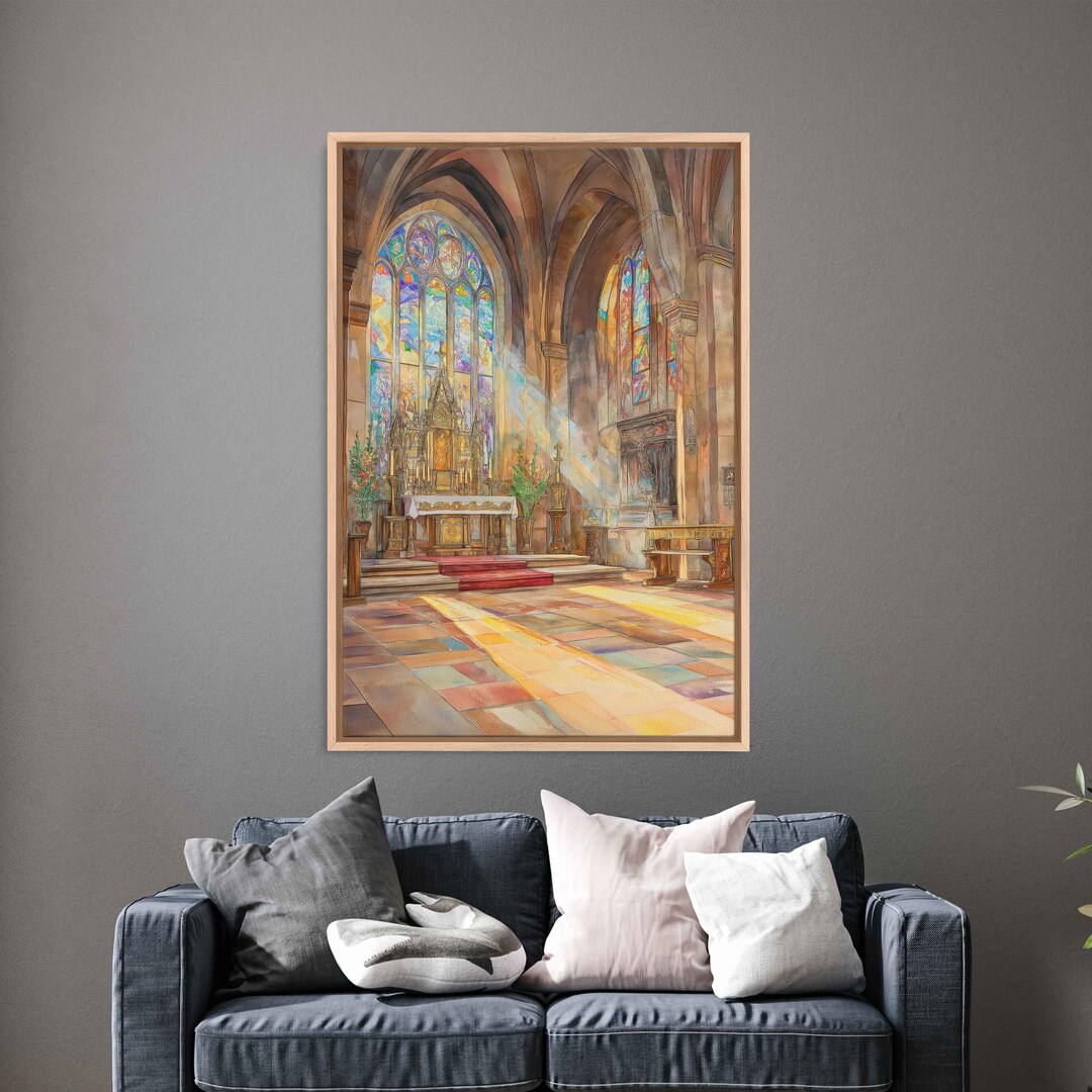 Catholic Church Interior, Wall Art Canvas Print, Watercolor, Stained ...