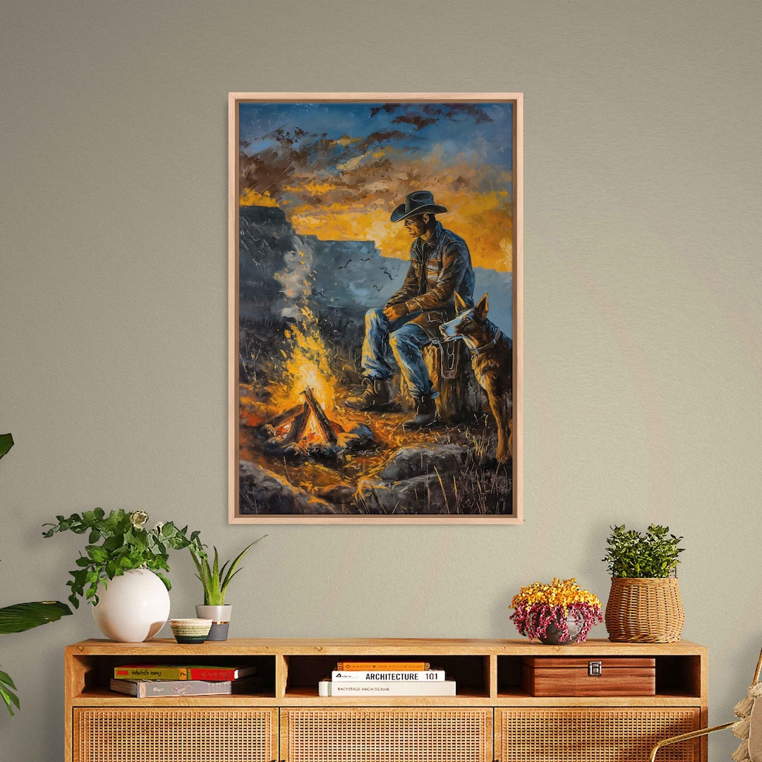 Vintage Cowboy by Fire With Dog at Sunset Acrylic Wall Art Canvas Print ...