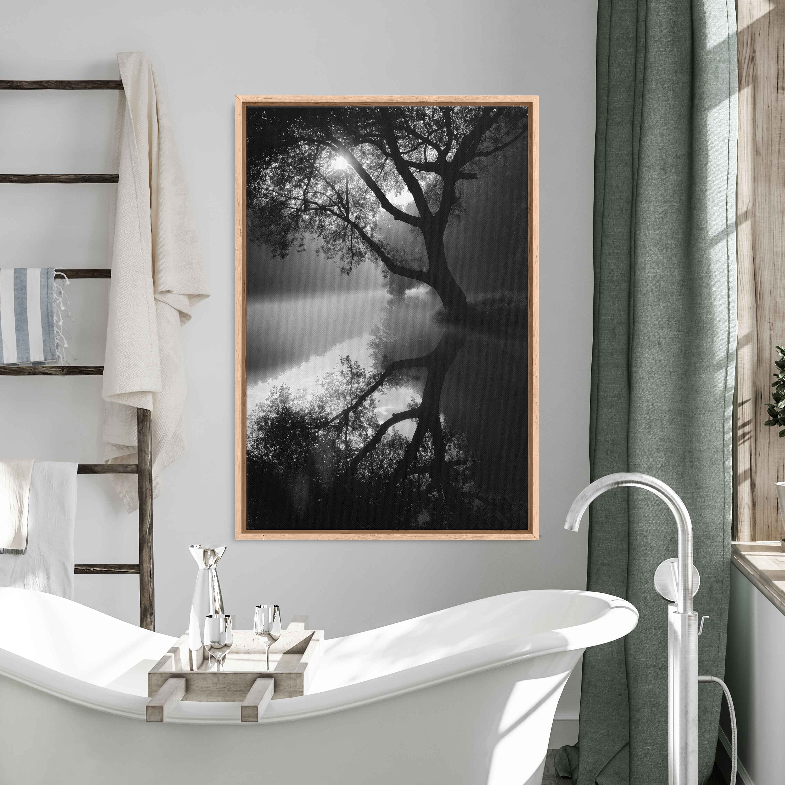 Tree Overhanging Lake Edge With Sun Shining Through Branches Wall Art ...