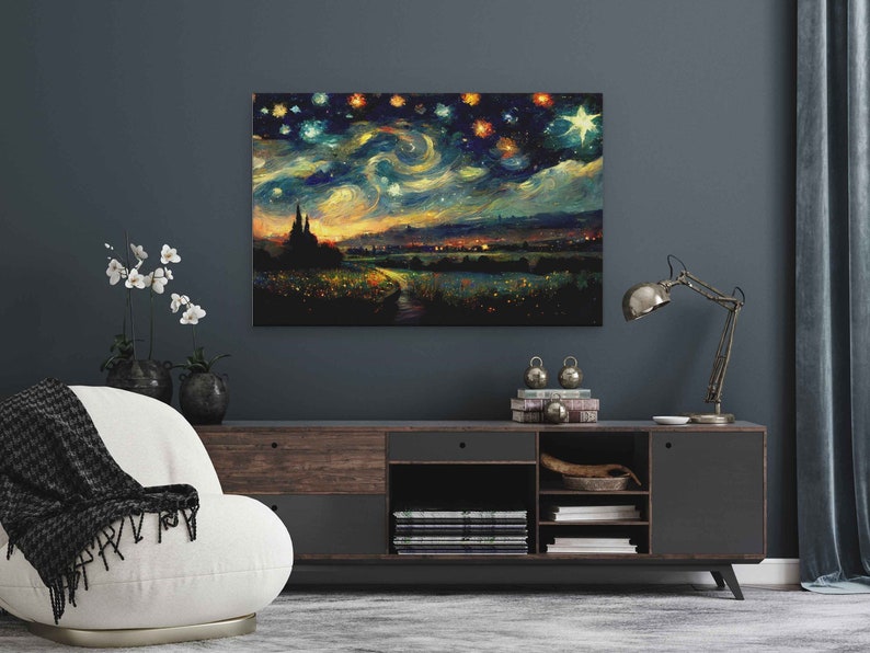 Starry Night Sky Landscape Painting, Digital Print on Ready-to-hang ...