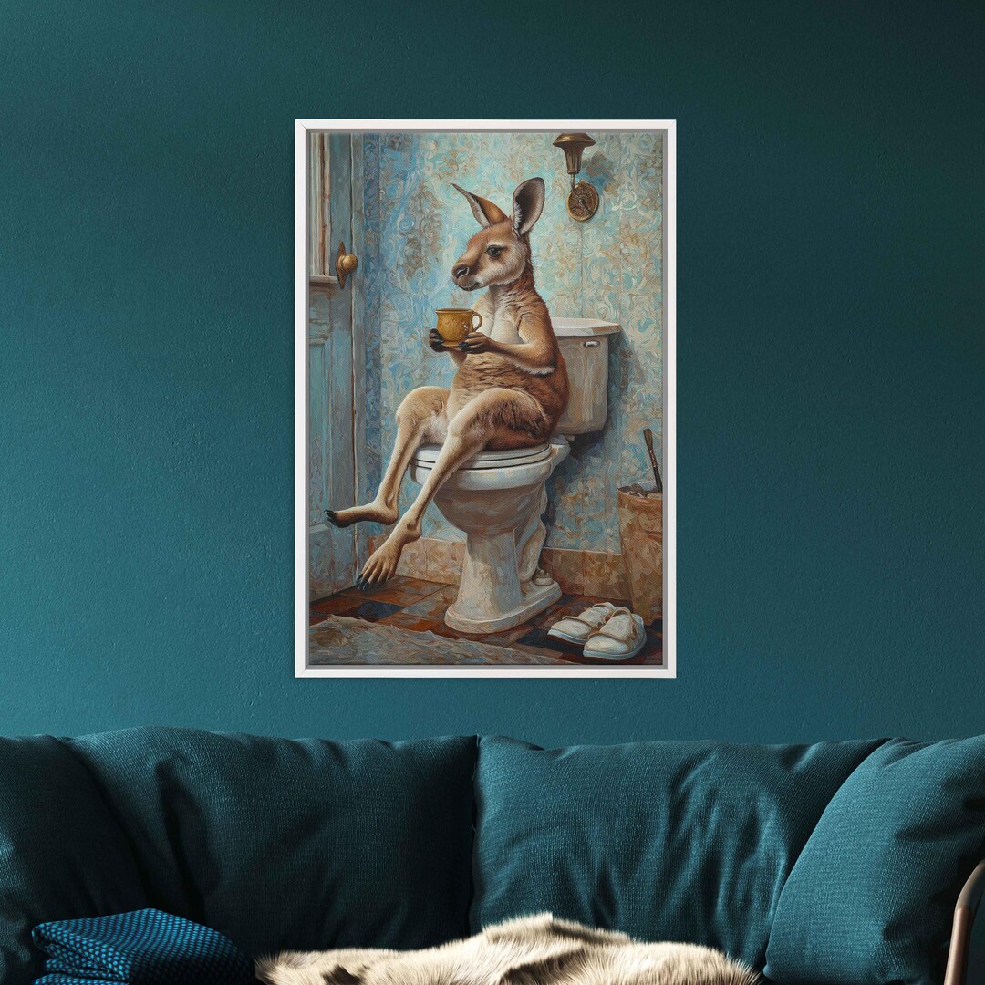 Kangaroo on Toilet, Wall Art Canvas Print, Humorous Vintage Inspired ...