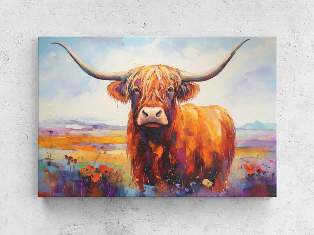 Highland Cow Colorful Palette Knife Painting, Framed Canvas Print ...
