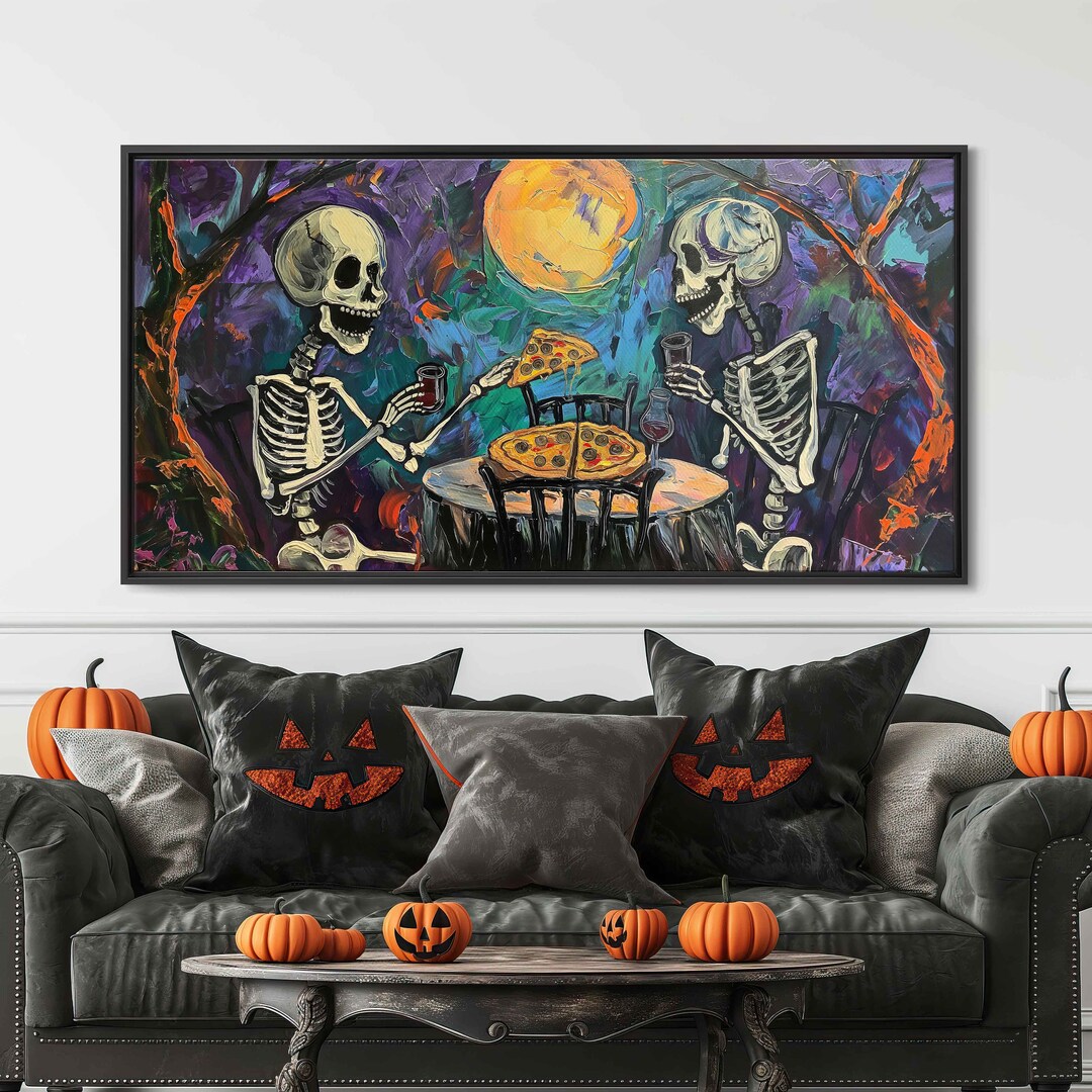 Cartoon Skeletons Eating Pizza Under Full Moon Wall Art Canvas Print ...