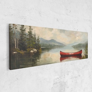 Lone Wooden Red Canoe Floating in Lake Oil Wall Art Canvas Print, Tree ...