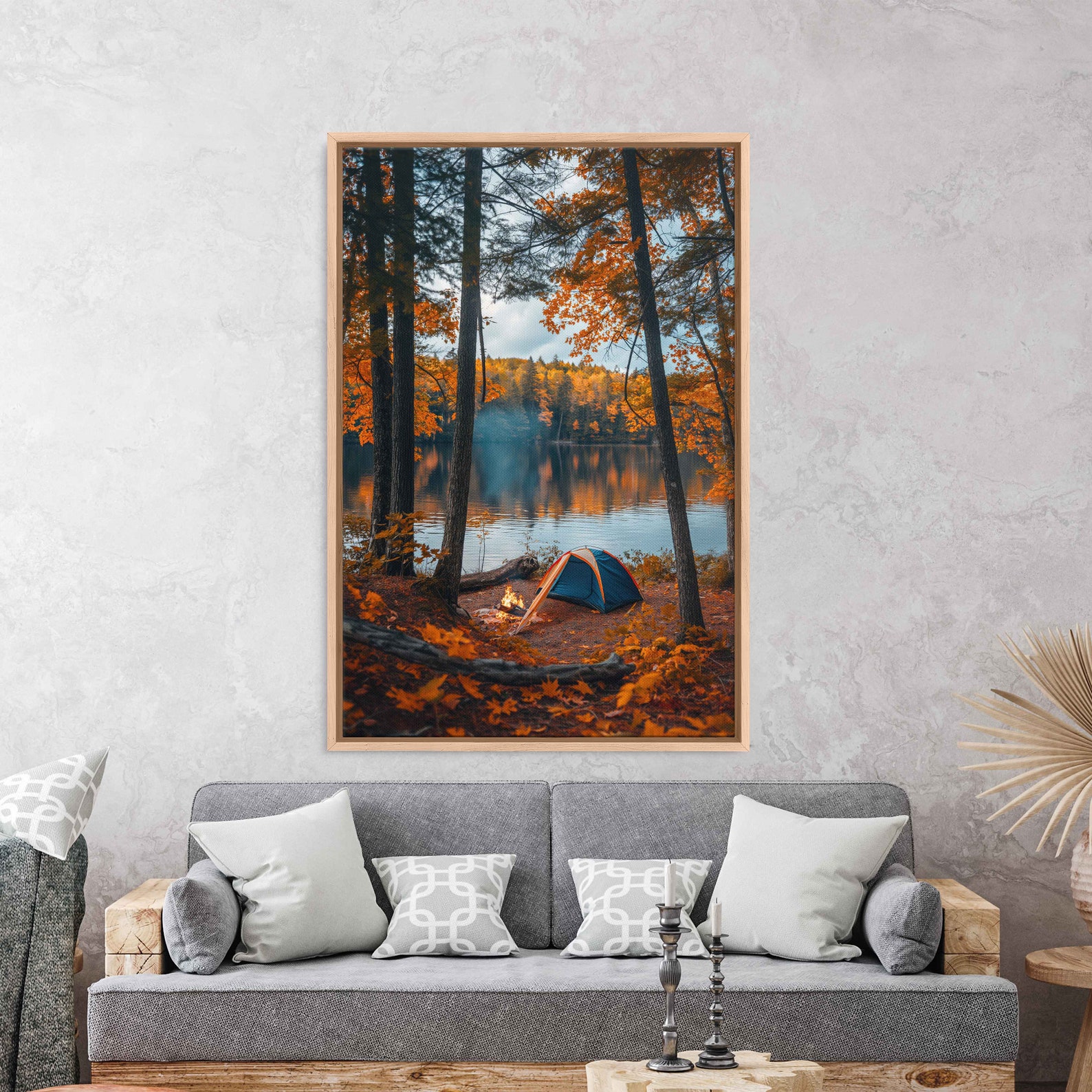 Cozy Autumn Campsite With Tent Next to Lake Surrounded by Fall Foliage ...