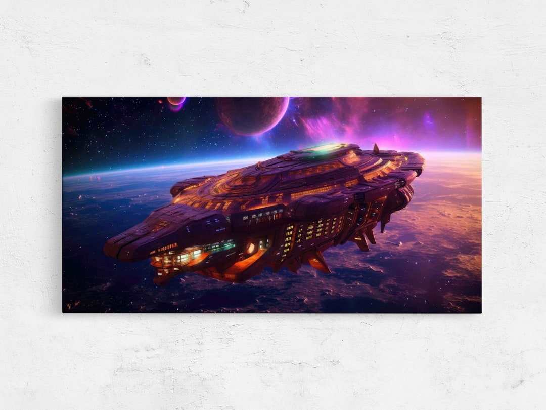 Futuristic Spaceship Wall Art, Framed Canvas Print, Ready to Hang, Neon ...