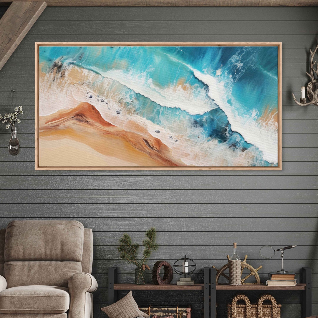 Beach Aerial View Painting, Ocean Waves, Beach House Decor, Framed ...