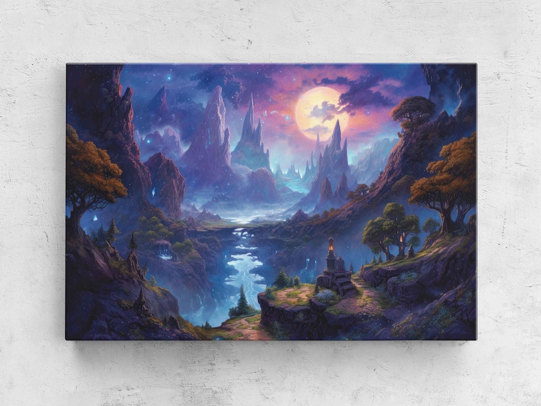 Moonlit Celestial Realm Fantasy Wall Art, Framed Canvas Print, Ready to ...