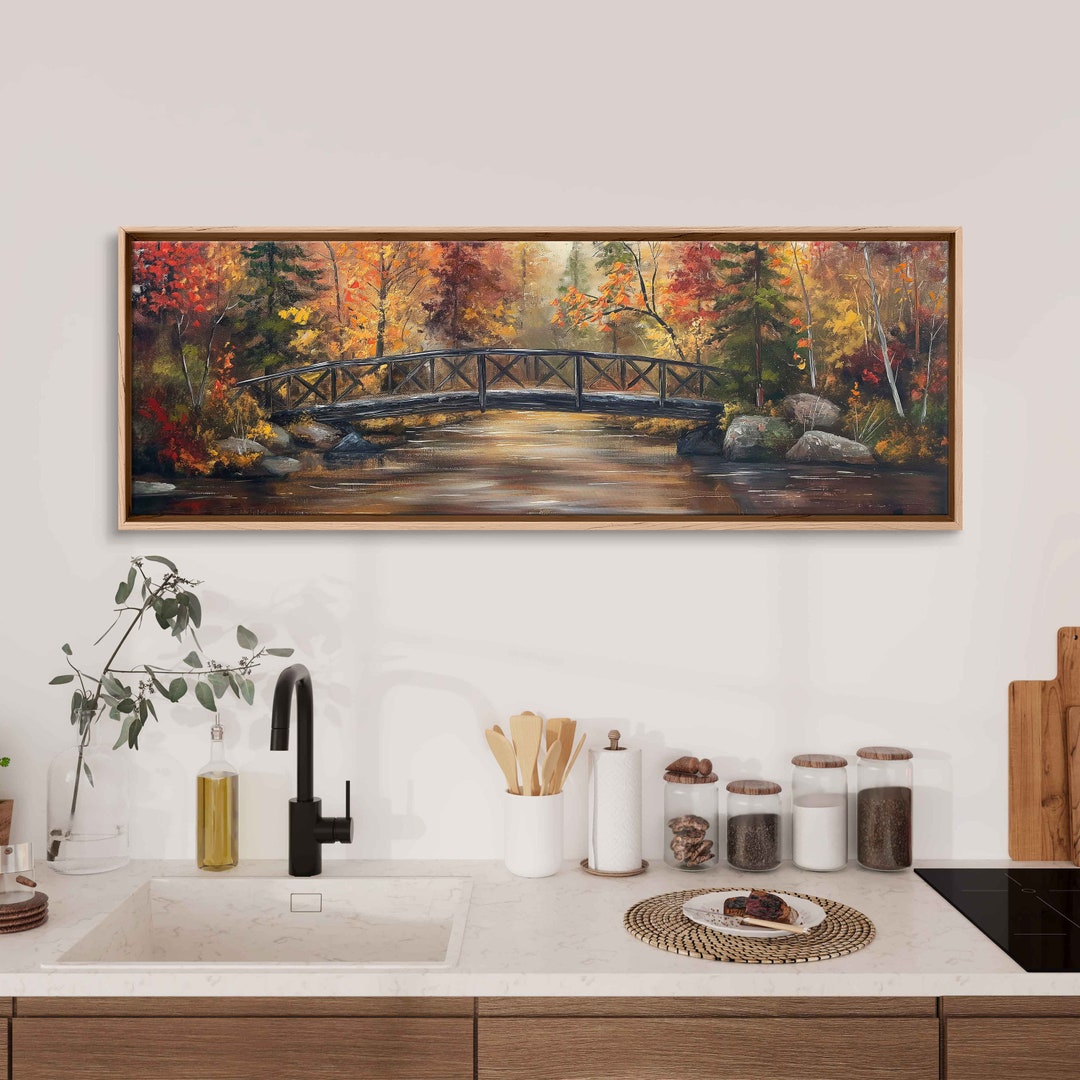 River Flowing Under Wooden Bridge Through Autumn Forest Oil Painting ...
