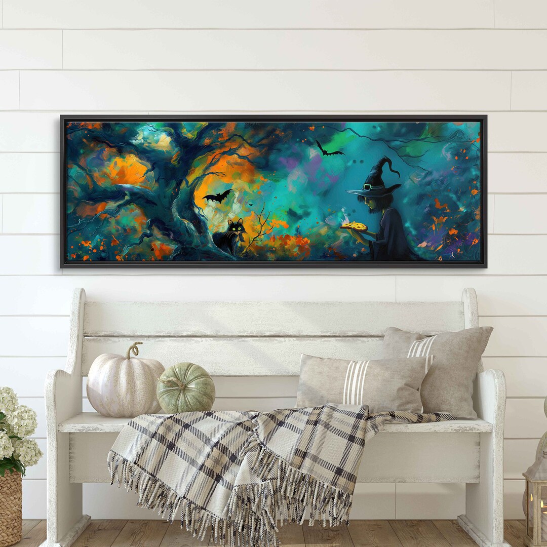 Cartoon Witch Eating Pizza Under Gnarled Tree With Black Cat Wall Art ...