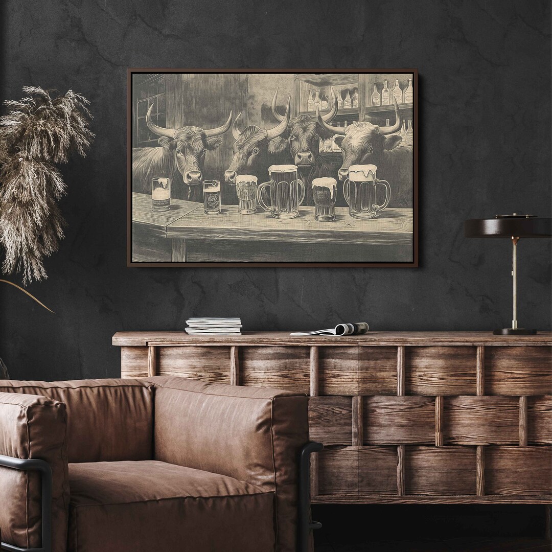 Longhorn Cows Sitting at Bar Wall Art Canvas Print, Drunk Cows, Bar ...